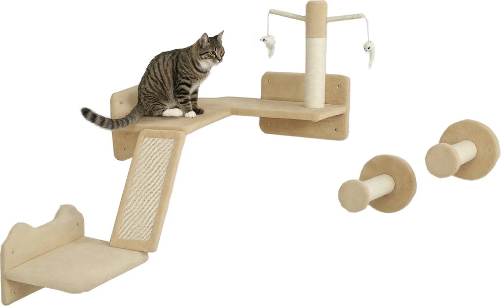PawHut Kittenské Lezecké Stěnové Sada, 3Dílný Nábytek pro Kočky se Škrabacím Plošním, Skákacími Platfromy, Škrabacím Sloupem a Hračkou pro Kočky do 5