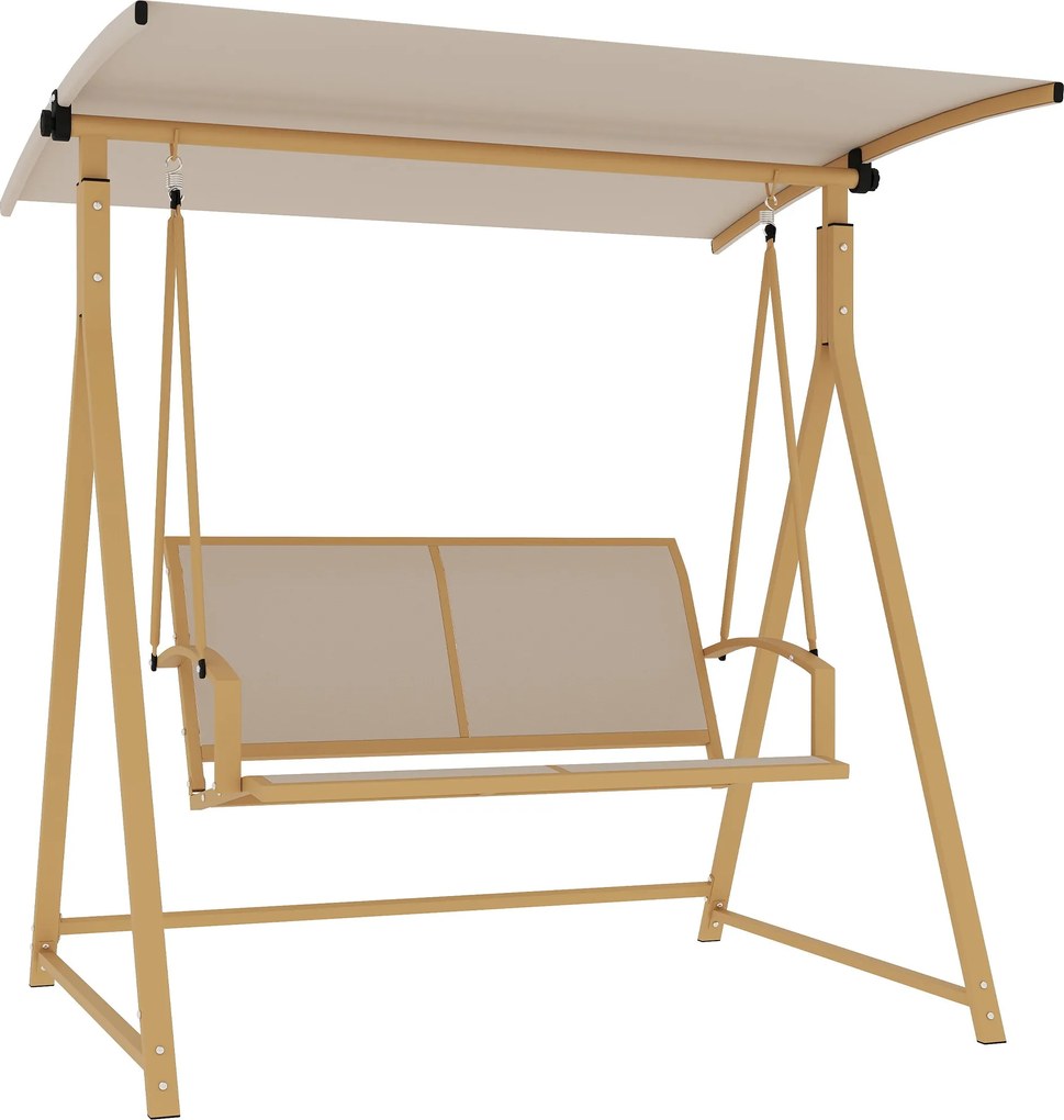 Outsunny 2-místná Zahradní Houpačka s Nastavitelnou Stříškou, UV Ochrana 30+, Trojúhelníkový Kovový Rám, Nosnost 220 kg, 160x112x162 cm Khaki | Aosom