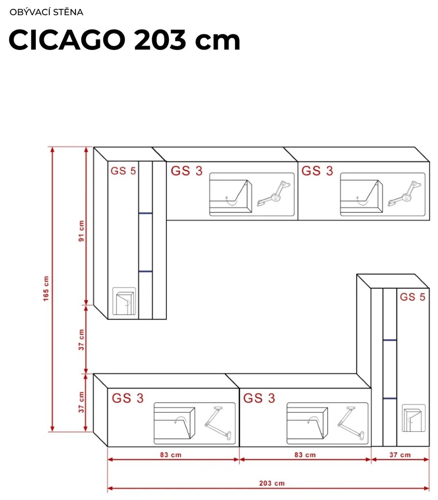 Ral Obývací stěna CHICAGO 2, 203 cm - Bílý lesk