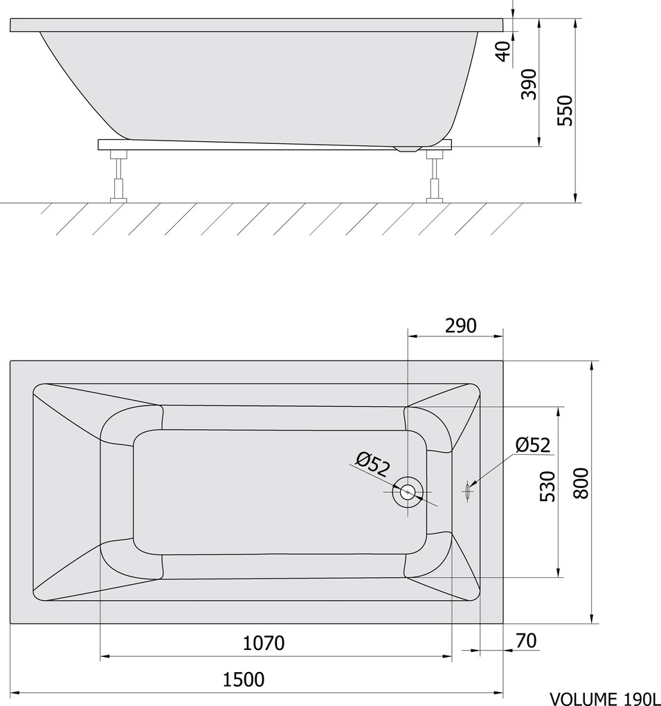 Polysan NOEMI obdélníková vana 150 x 80 x 39 cm bílá mat 71727.11
