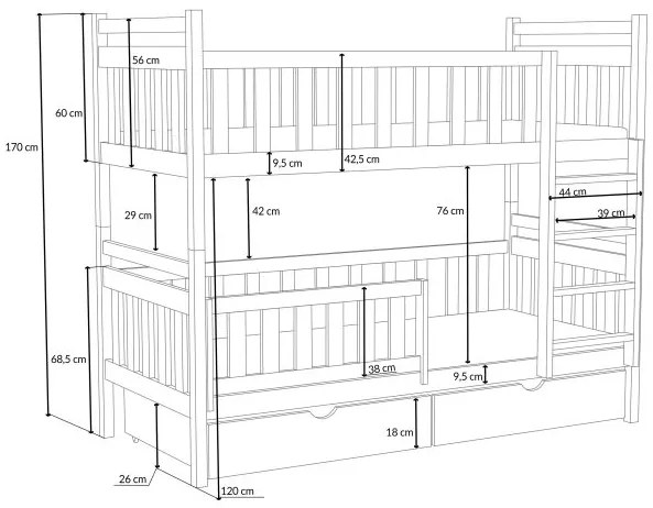 Dětská patrová postel z masivu borovice KAREL se šuplíky - 200x90 cm - PŘÍRODNÍ BOROVICE
