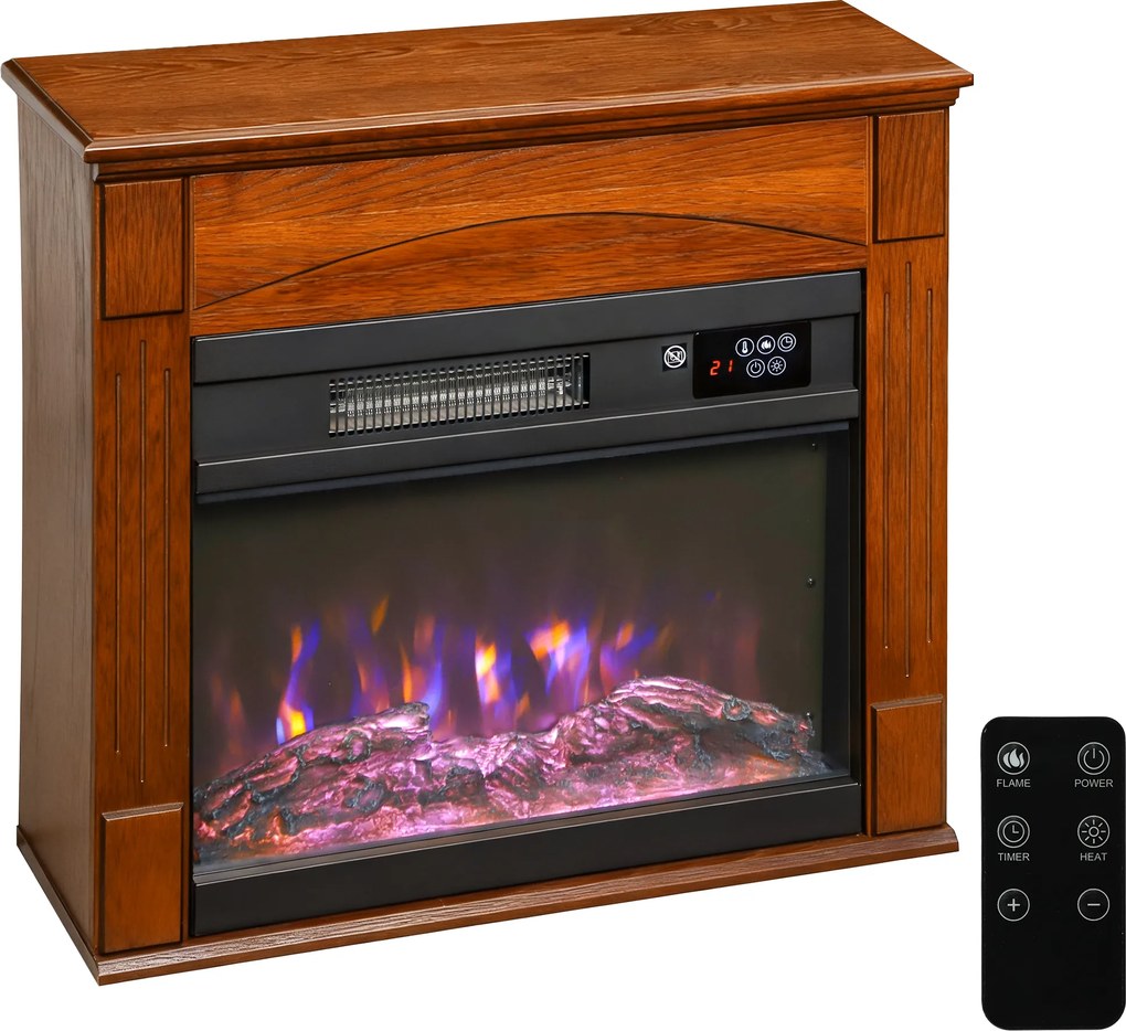 HOMCOM elektrický krb 1000W/2000W, dekorativní krb s 3D plamenovým efektem ve 6 barvách a 3 úrovních jasu, 68,5 x 27,5 x 63 cm, hnědá