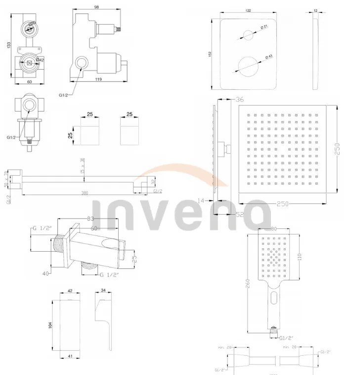 Invena Nyks, podomítková sprchová sada s 2-výstupovým tělesem, chrom lesklý, INV-BS-28-0K2-A