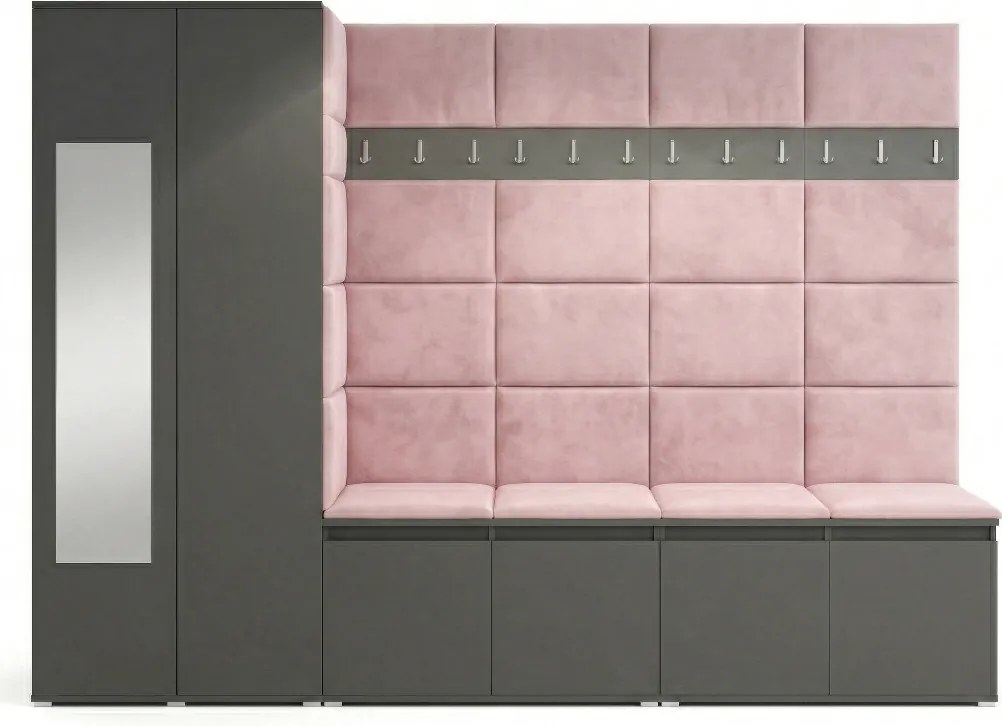 Předsíňová stěna Trinity 9 s čalouněnými panely, 290 cm, grafit/ světle růžová