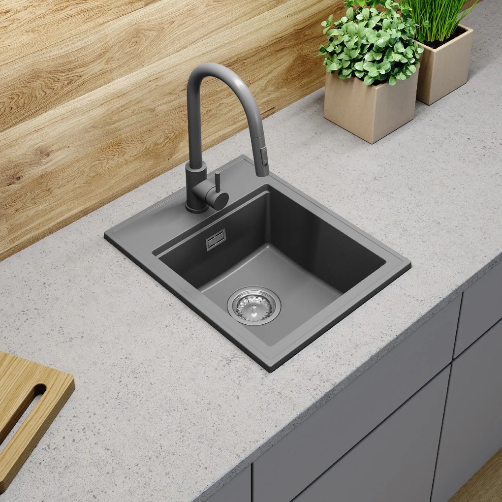 Sink Quality Ferrum New 4050, 1-komorový granitový dřez 400x500x185 mm + černý sifon, šedá, SKQ-FER.4050.G.XB