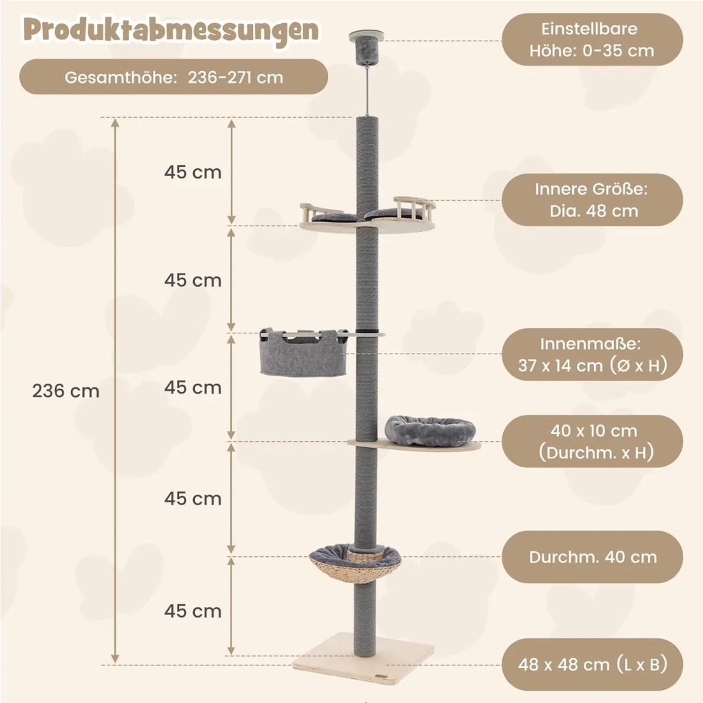 Costway Cat tree strop vysoký 236-271 cm od podlahy ke stropu kočičí nábytek