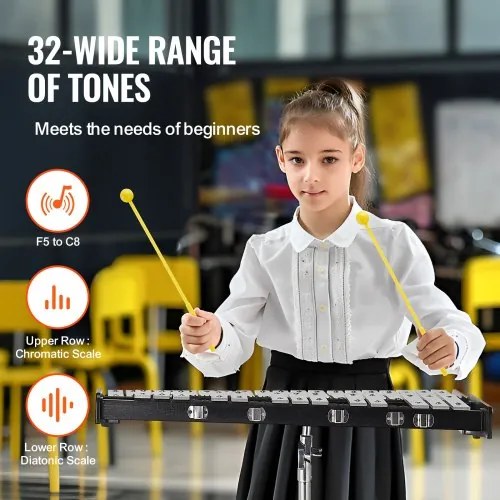 32 Note Glockenspiel xylofonový zvonek s paličkami, stojanem a cvičnou podložkou