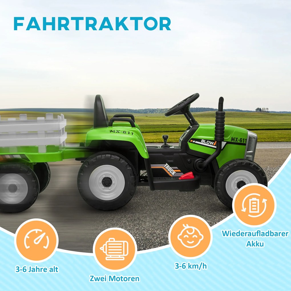HOMCOM Elektrický traktor s přívěsem, dětské elektrické autíčko na dálkové ovládání, dětský traktor s funkcí MP3, světlomety