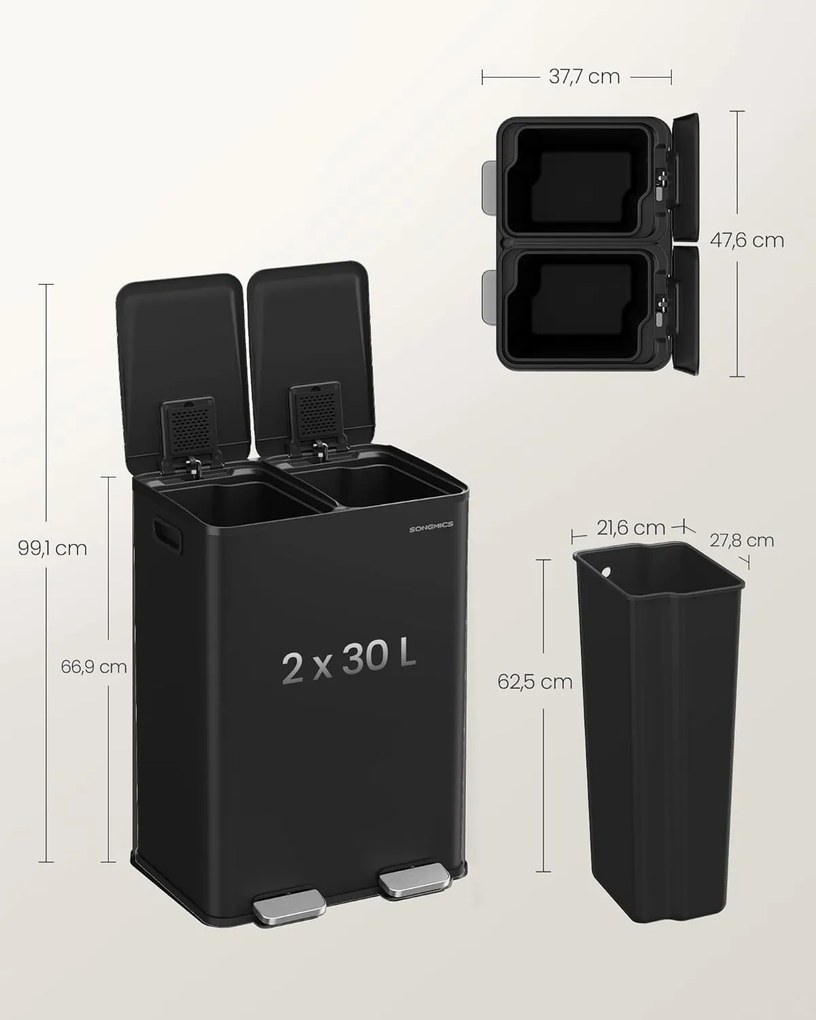 Odpadkový koš s víkem JORDAN 2x30 L černý II