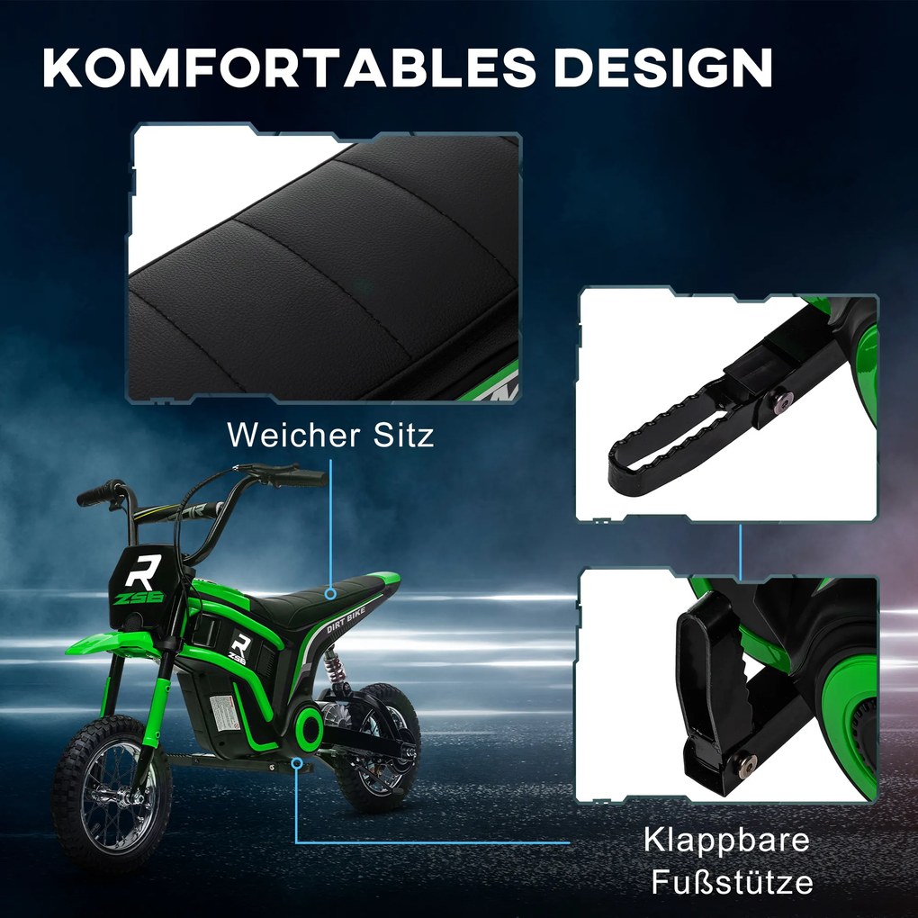 HOMCOM Dětská elektrická motorka 12V s klaksonem a světlem, 8-16 km/h, otočný plyn, pro děti 8-12 let, zelená