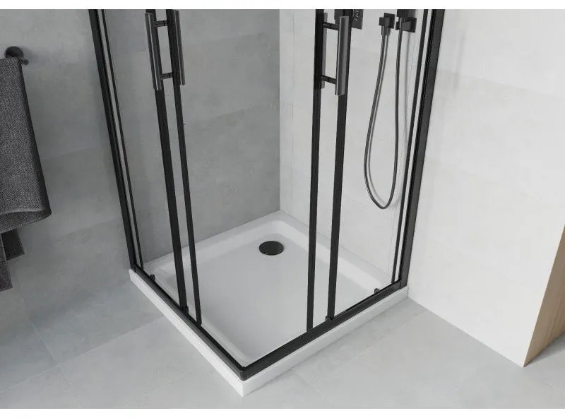 Mexen Rio, sprchový kout s posuvnými dveřmi 90x90x190 cm, 5mm čiré sklo, černý profil, bílá sprchová vanička SLIM, 860-090-090-70-00-4010B