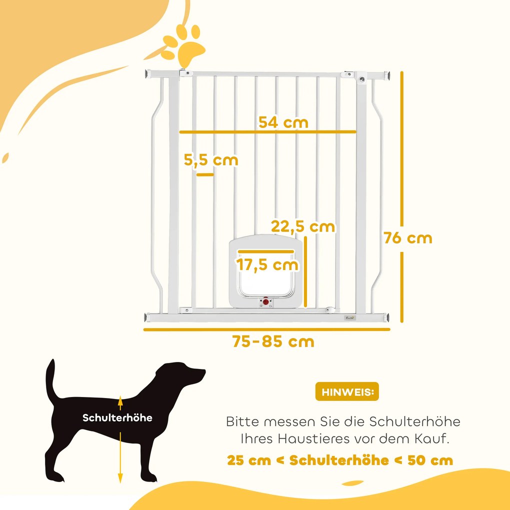 PawHut rozšiřitelná bezpečnostní brána pro psy, 75–85 cm — do dveří a na schodiště, malá dvířka, tlakové uchycení, dvojité zamykání, bílá