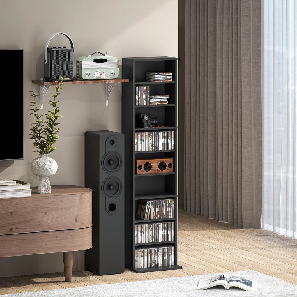 HOMCOM knihovna s 9 policemi pro 260 CD, moderní design, CD regál z dřevotřísky, 33x24x140 cm, černá
