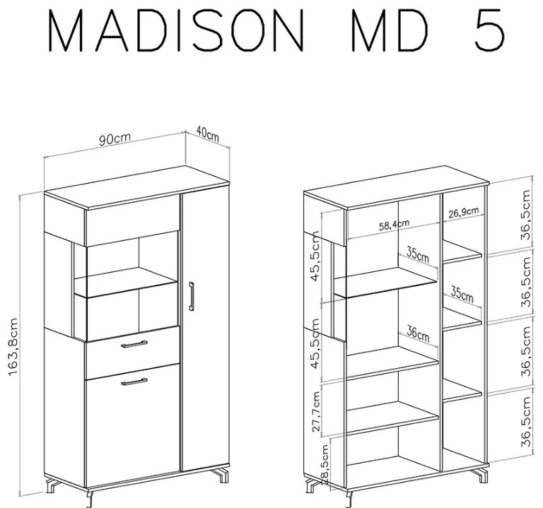 Meblar Vitrína Madison MD5 včetně osvětlení Barva: -dub piškotový / bílá lux