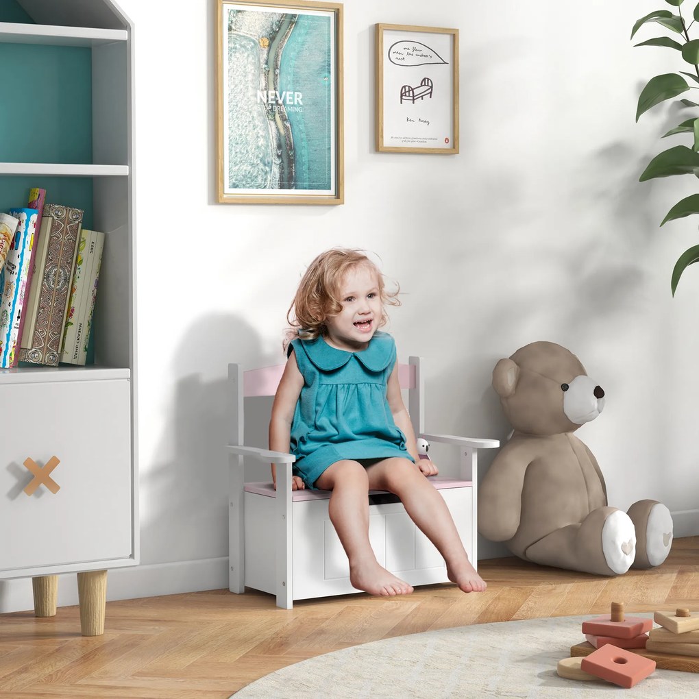 AIYAPLAY dětský sedací box s úložným prostorem, opěradlem a funkcí Soft-Close, 68,5×34×58 cm, Růžová/Bílá