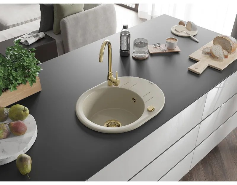Mexen Kevin, dřez granitový 586x458x190 mm, 1-komorový a zlatá baterie Telma, béžová, 6517-69-670200-50