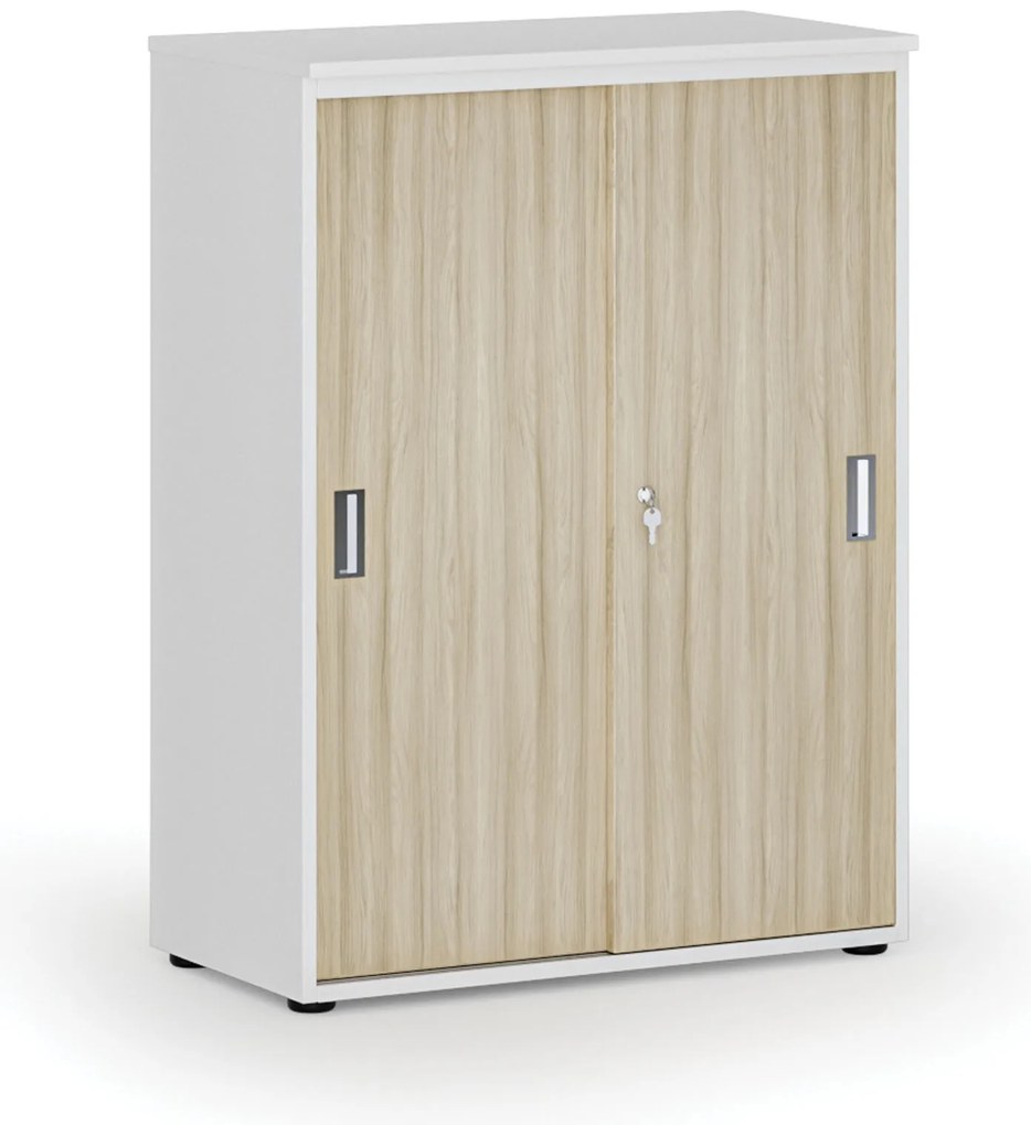 Kancelářská skříň se zasouvacími dveřmi PRIMO WHITE, 800 x 420 x 1087 mm, bílá/dub přírodní