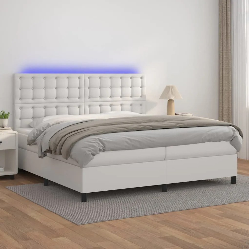 Box spring postel s matrací a LED bílá 200x200 cm umělá kůže
