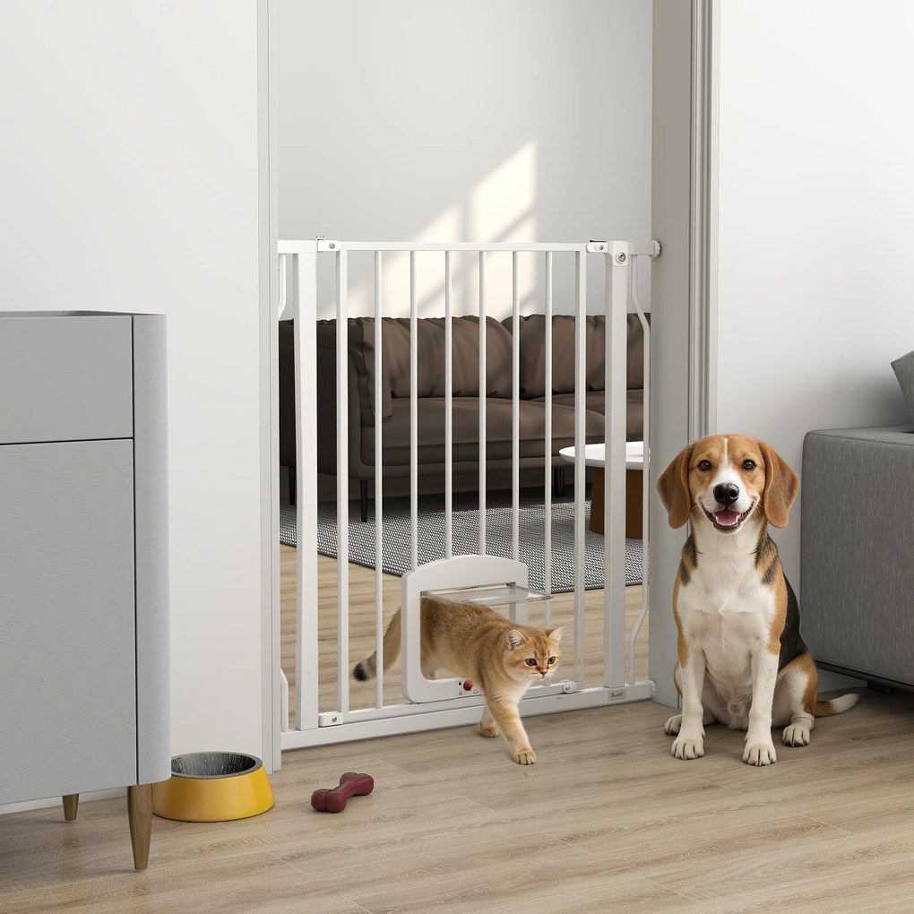 PawHut rozšiřitelná bezpečnostní brána pro psy, 75–85 cm — do dveří a na schodiště, malá dvířka, tlakové uchycení, dvojité zamykání, bílá