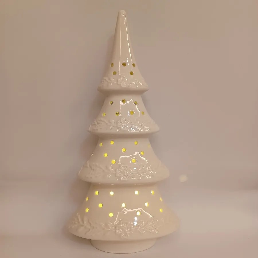 LED dekorace keramický stromeček, 15 × 9,2 × 29 cm, teple bílá, 2× LR44