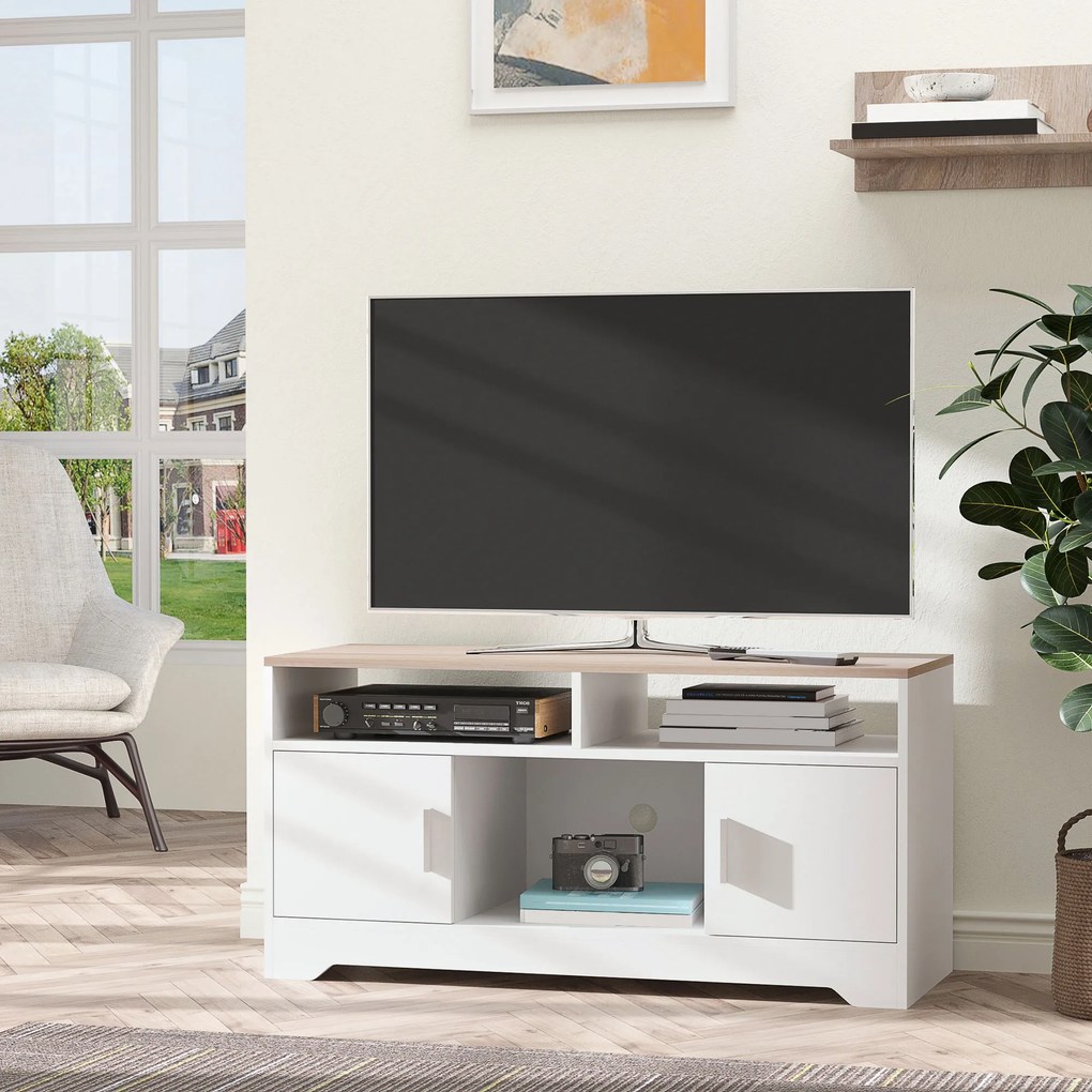 HOMCOM TV Skříňka pro Obývací Pokoj s Velkým Úložným Prostorem, Otevřené Police, Správa Kabelů, Klasický Design 105x40x52 cm Bílá