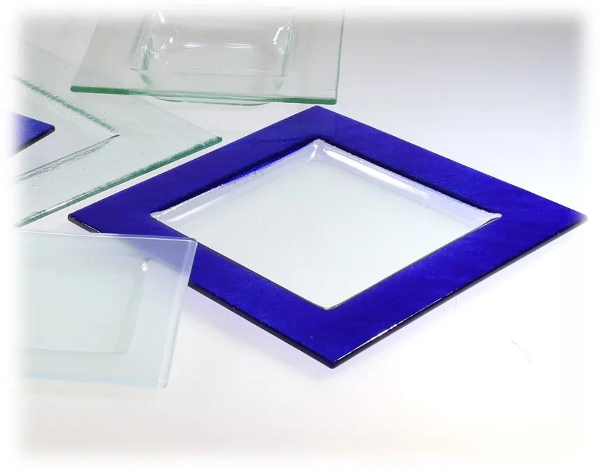 BDK-GLASS Čtvercový skleněný talíř BORDER - modrý Rozměr: 25x25cm