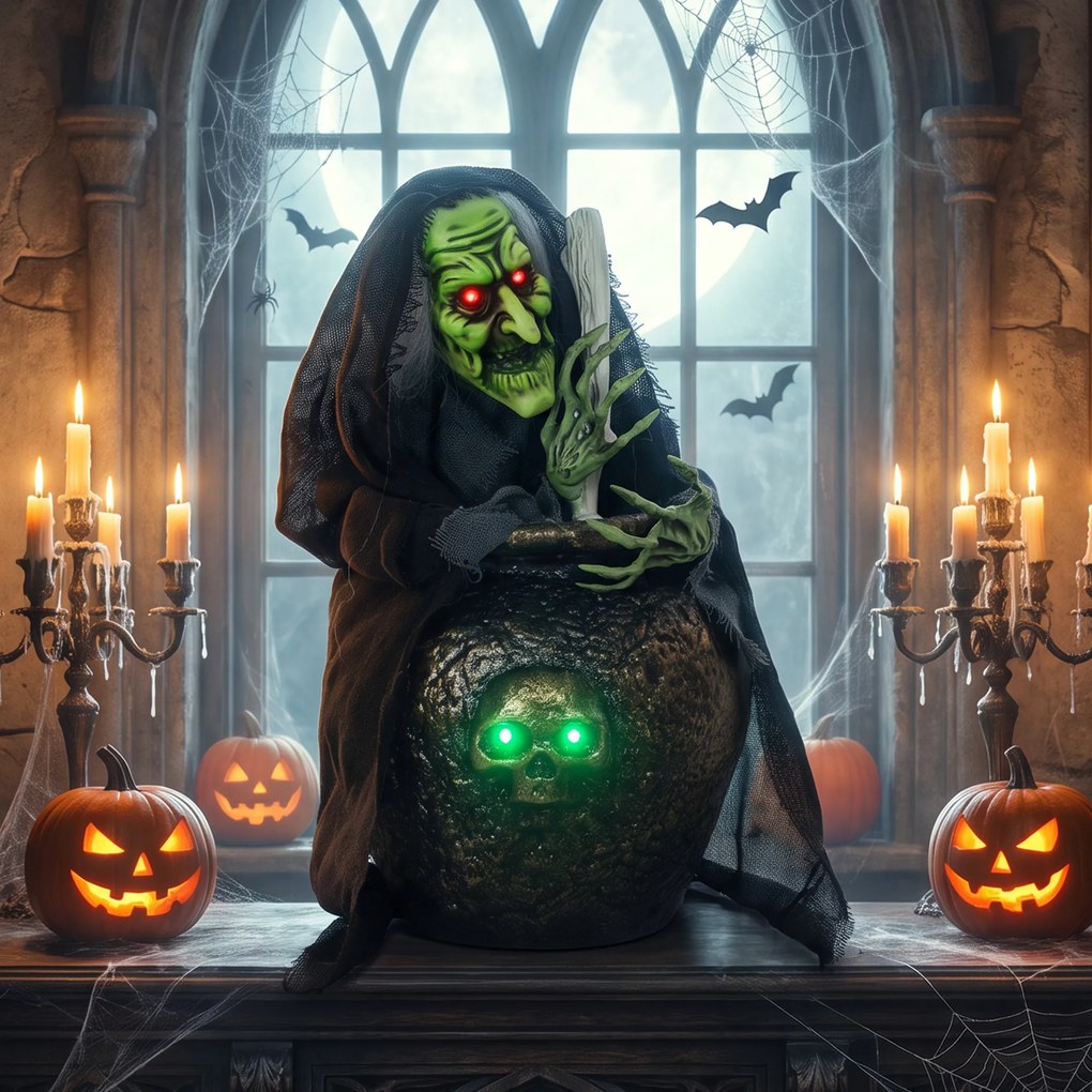 HOMCOM Animovaná halloween stolní čarodějnice se zvukem smíchu, svítícíma očima a zvukovou/touch aktivací