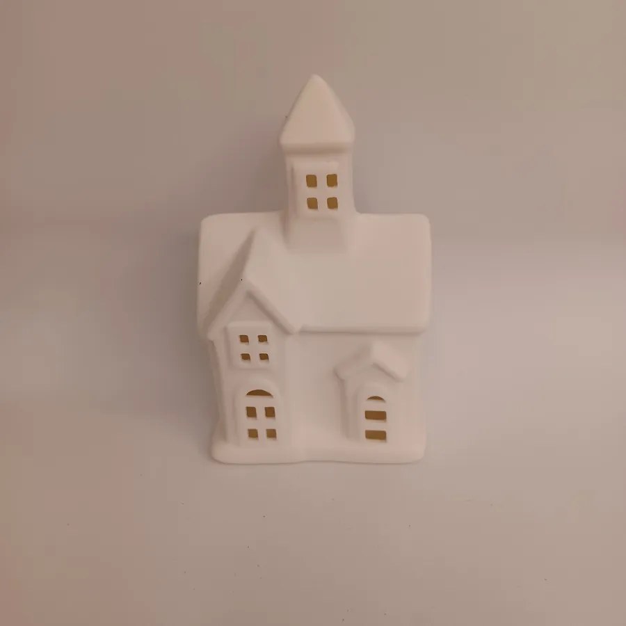 LED dekorace kostelíček na baterie 7,5 × 6 × 12 cm, keramický, LR44, teple bílá