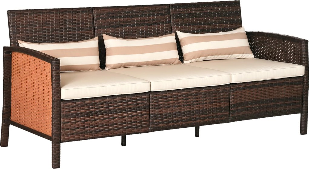 Outsunny Ratanová pohovka s polstry, pro 3 osoby, zahradní lounge pohovka, ocel, hnědá, 173 x 68 x 78 cm | Aosom