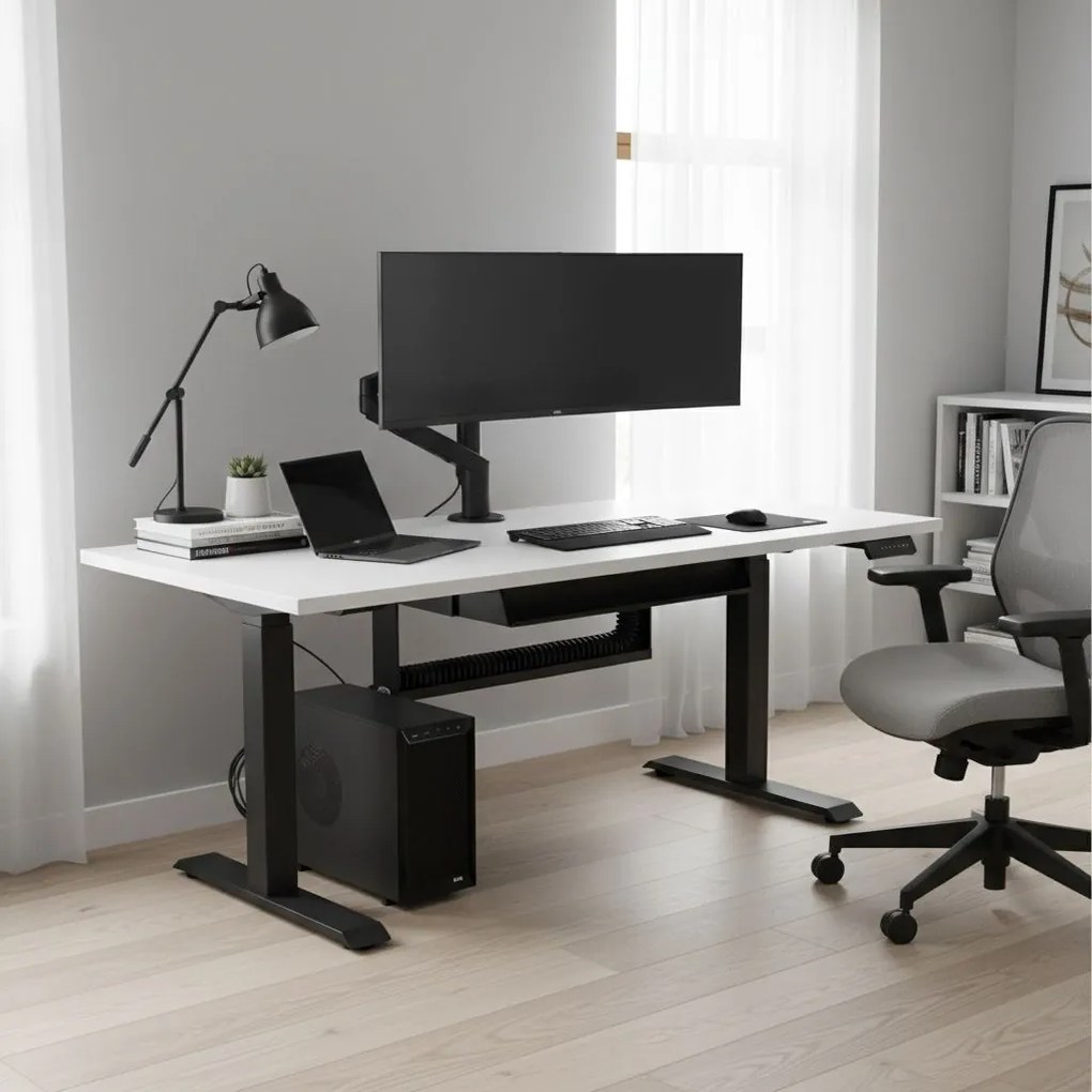 Výškově nastavitelný stůl OfficeTech D, 160 x 80 cm, černá podnož, bílá