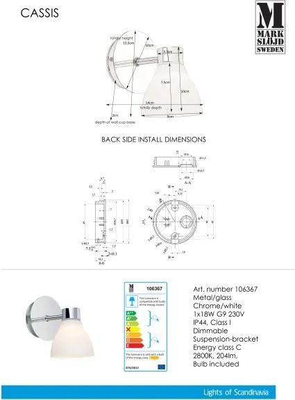 Markslöjd 106367 - Koupelnové nástěnné svítidlo CASSIS 1xG9/18W/230V IP44