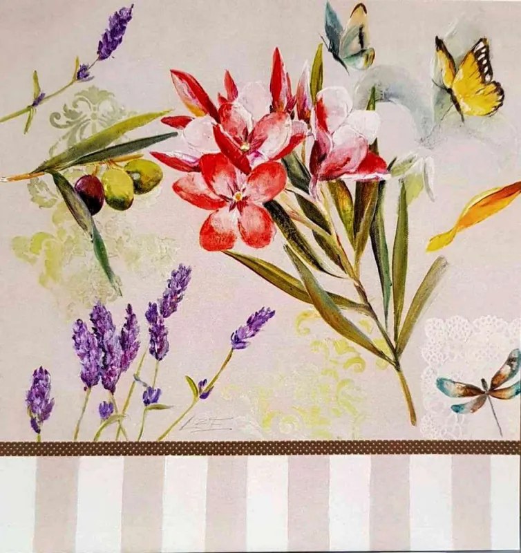 ART-STYLE Obrázek 14x14, květiny &amp; žlutý motýl, rám bílý s patinou