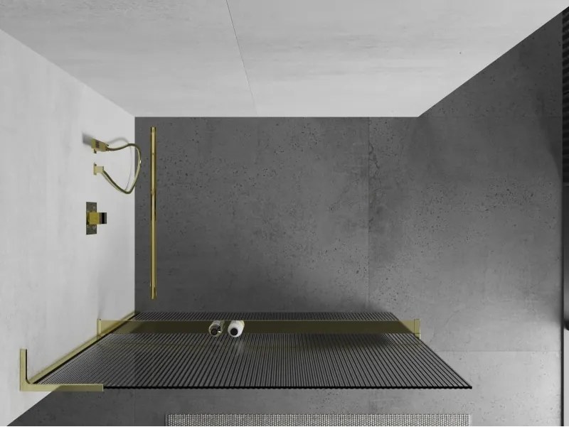 Mexen Kioto+ L, sprchová zástěna Walk-In s poličkou a věšákem 100 x 200 cm, 8mm sklo s žebrovým vzorem, zlatý lesklý profil, 800-100-123-50-09
