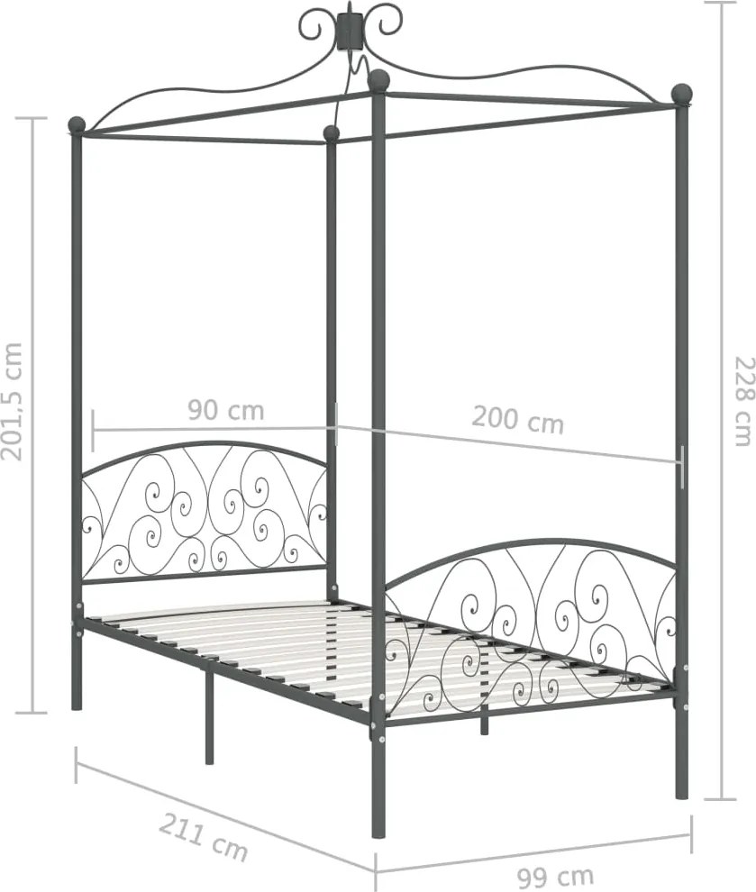 vidaXL Marketos Rám postele s nebesy šedý kovový 90 x 200 cm