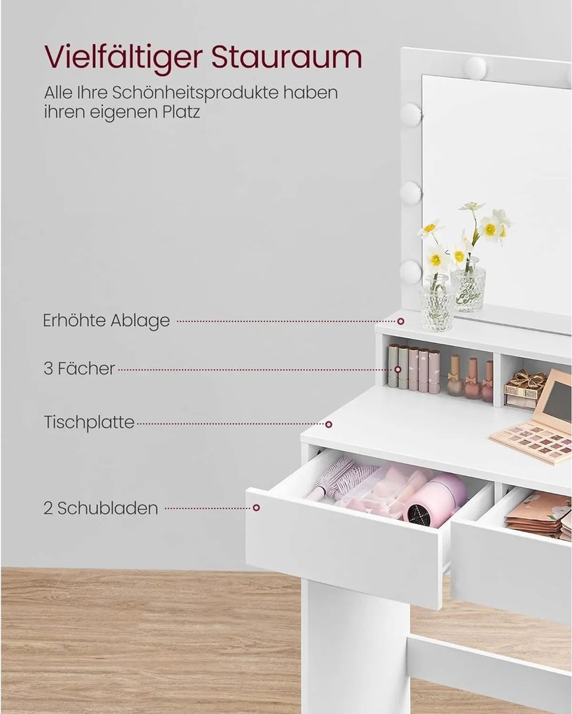 Toaletní stolek, toaletní stůl se 9 LED žárovkami, bílý