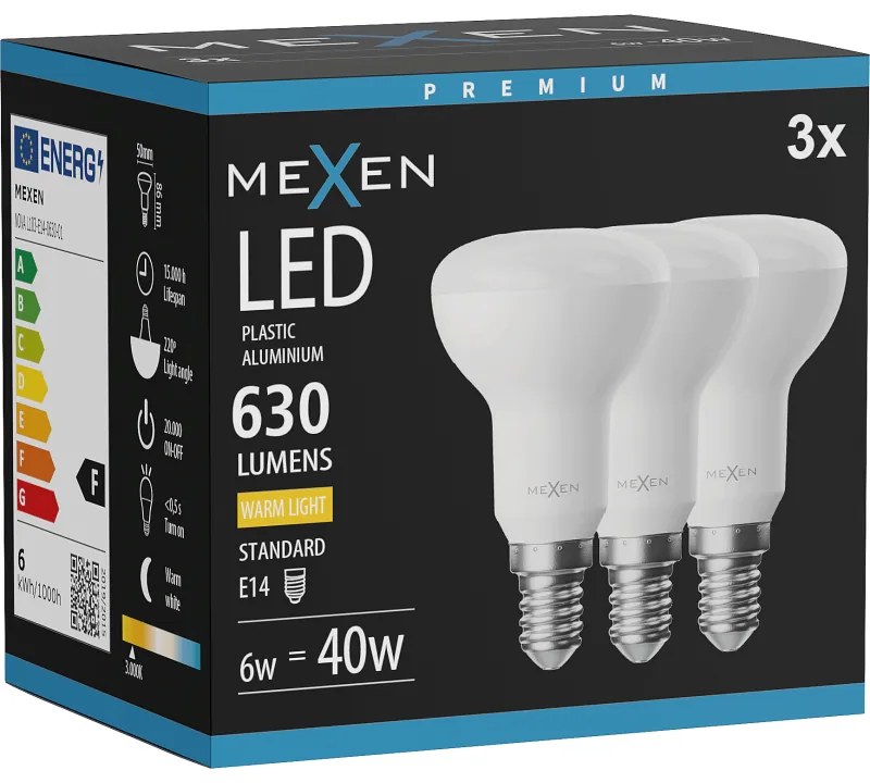 Mexen Nova 3x LED žárovka E14, R50, 6W, Teplá - 3000K, 630 lm - L103-E14-0630-01x03