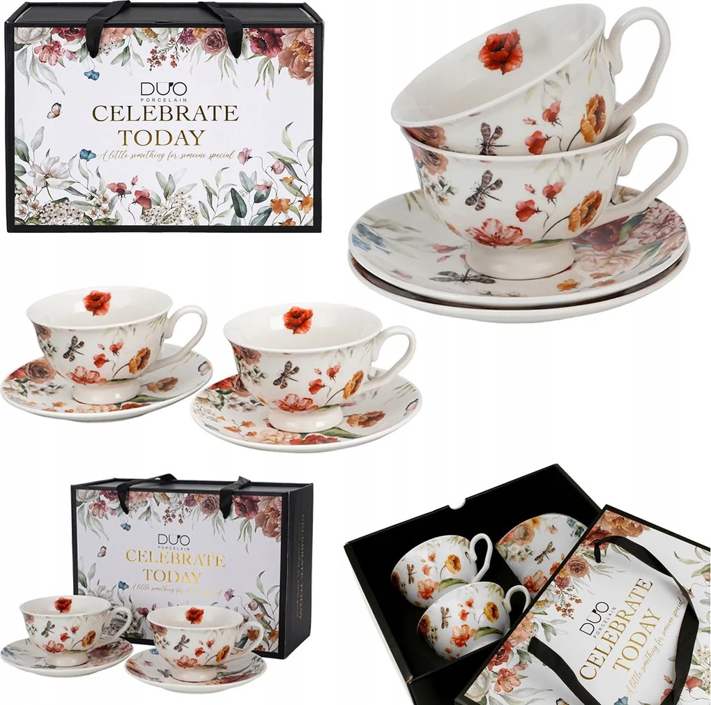 Sada 2 šálků Royal Rebecca 250 ml porcelán květiny dárek krabička