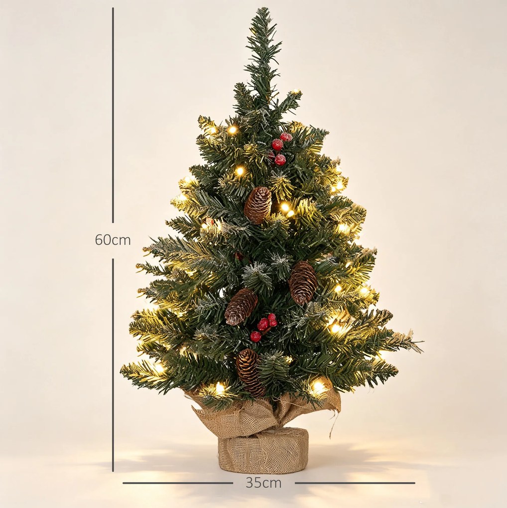 HOMCOM Vánoční stromeček s LED osvětlením, 60 cm, šišky a červené bobule, včetně stojanu, zelená/bílá