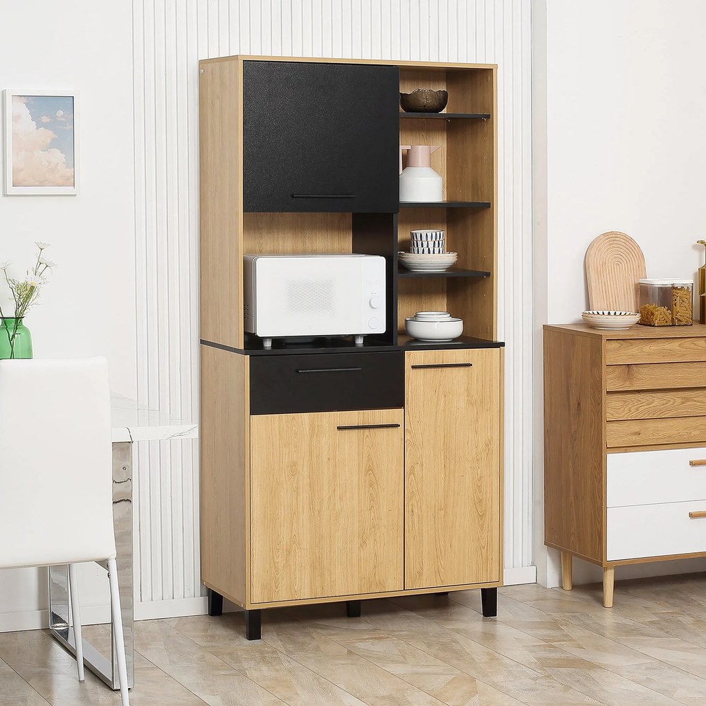 HOMCOM Kuchařský bufetový kabinet s více úložným prostorem, 1 zásuvkou, 3 skříňkami, 4 policemi a spravováním kabelů, výška 180 cm