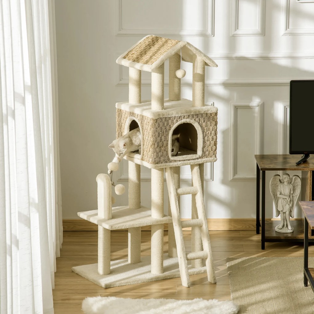 PawHut škrabadlo velký kočičí strom 130 cm, s jeskyní pro kočky a míčky na hraní, jutové kmeny, khaki+béžová, dřevotřískový plyš| Aosom