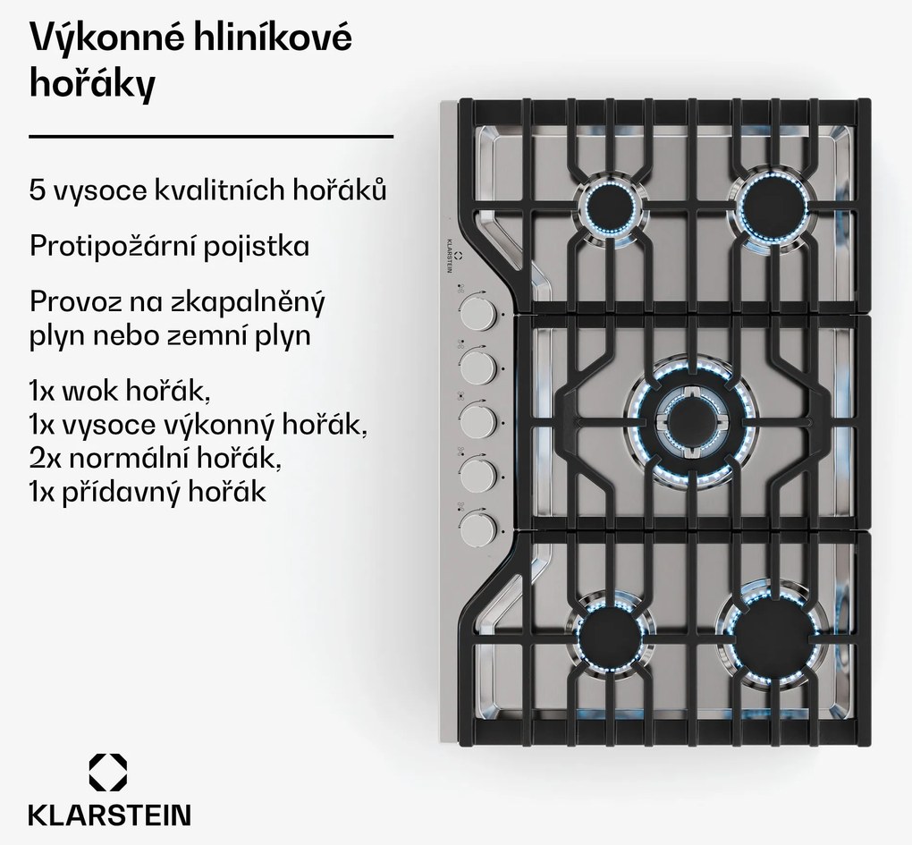 Klarstein Plynová varná deska Turbocast, 304 nerezová ocel, 5 hořáků, profesionální litinový držák, hořák wok