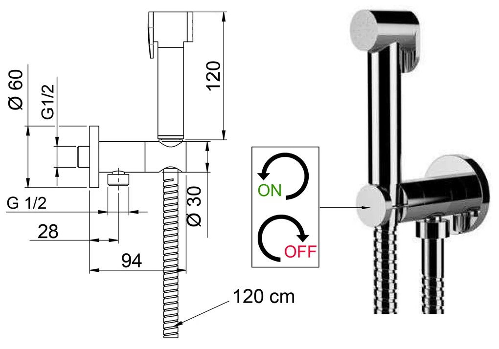 Sapho, Nástěnný ventil s ruční bidetovou sprškou a bezpečnostní pojistkou, kulatý, chrom, DB107