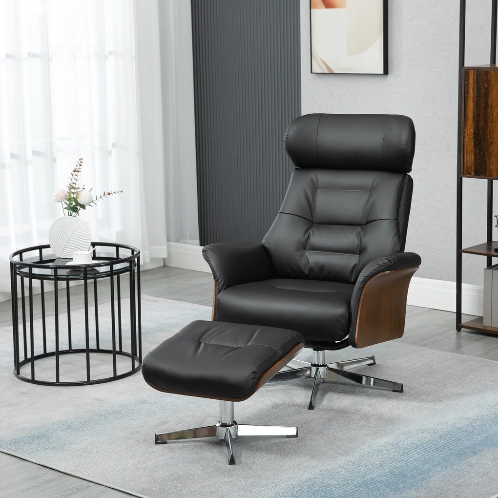 HOMCOM polohovací křeslo s taburetem a funkcí polohování, otočné TV křeslo do 150 kg, umělá kůže černá pro pohodlí a relaxaci