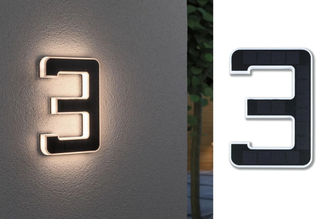 P 79844 Venkovní solární domovní číslo 3 IP44 3.000K 0,2W nabíjecí baterie výměnná - PAULMANN
