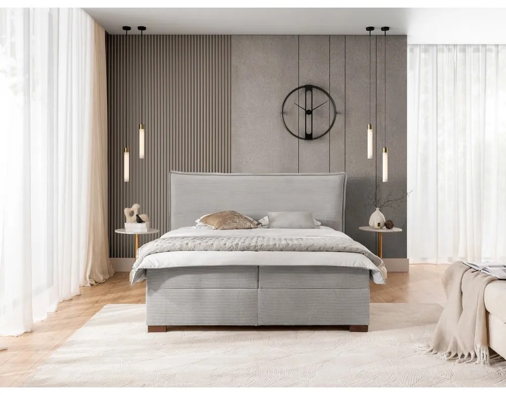 Světle šedá boxspring postel s úložným prostorem 160x200 cm Lysa – Ropez