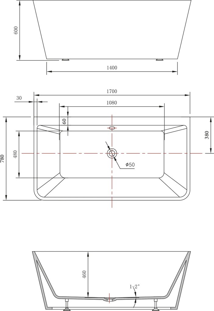 Polysan Polysan, LIBERTA D nástěnná akrylátová vana 170x78x60cm, bílá, 20392