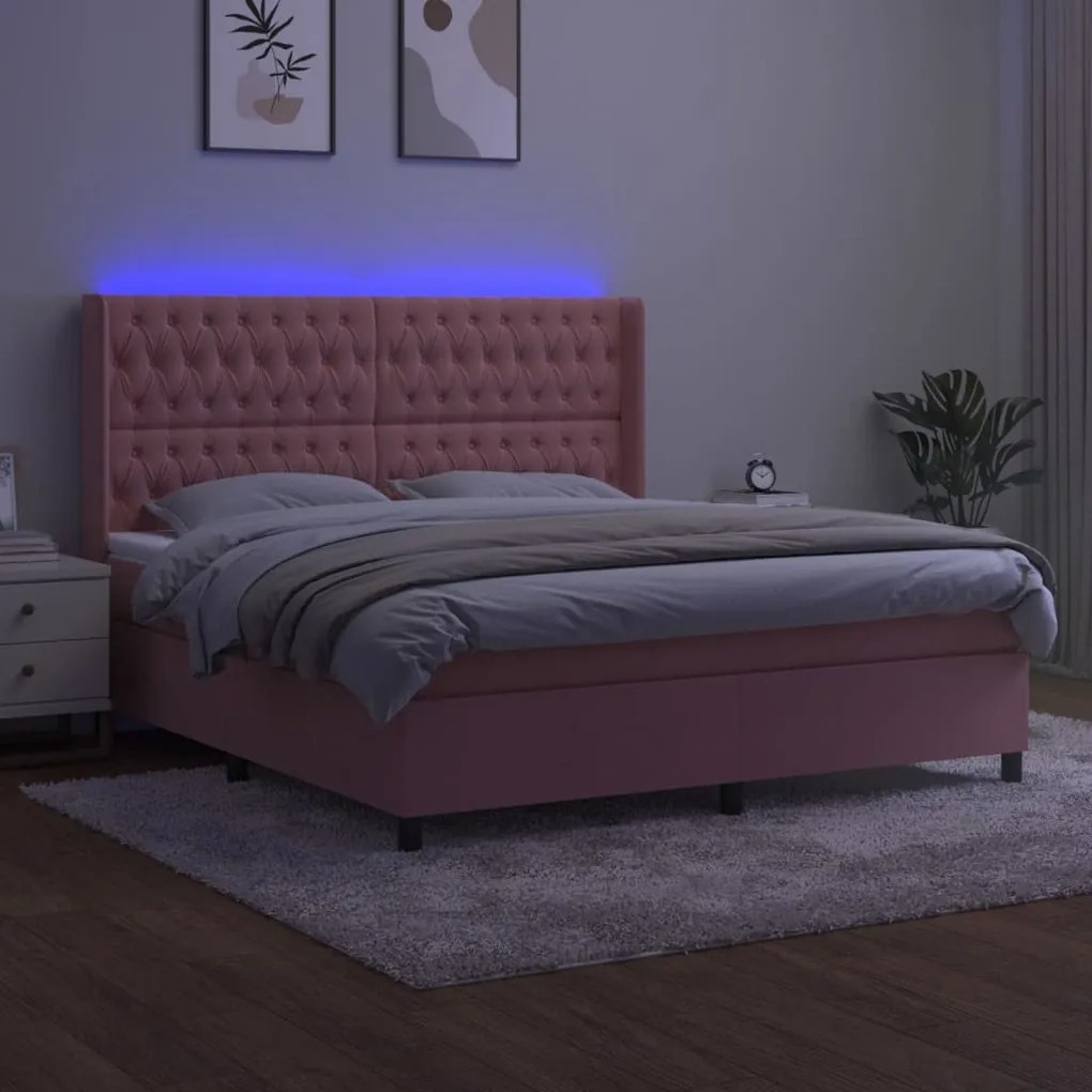 Box spring postel s matrací a LED růžová 160x200 cm samet 3139756