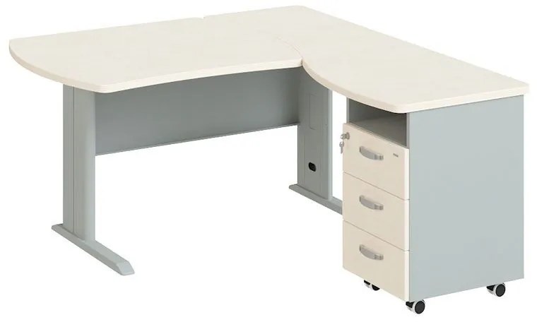 Lenza Rohový kancelářský psací stůl BERN s kontejnerem, kovová podnož, 2000 x 1600 mm, pravý, bříza
