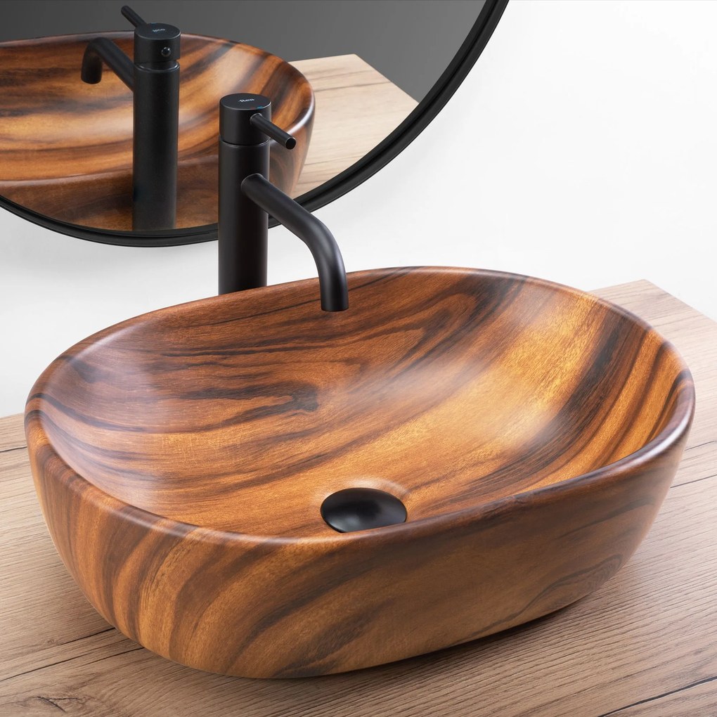 Rea Amelia Wood, umyvadlo na desku 480x345x135 mm, imitace dřeva-hnědá matná, REA-U5060