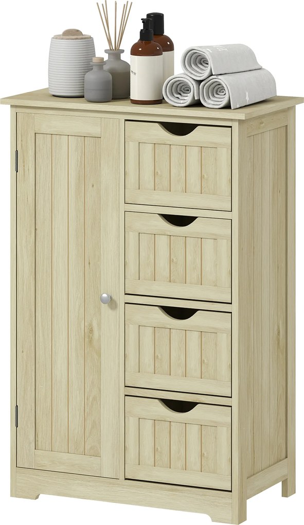 kleankin koupelnová skříňka Úzký sloupek s 4 zásuvkami a nastavitelnou polici Moderní styl 56x30x83 cm přírodní dřevo